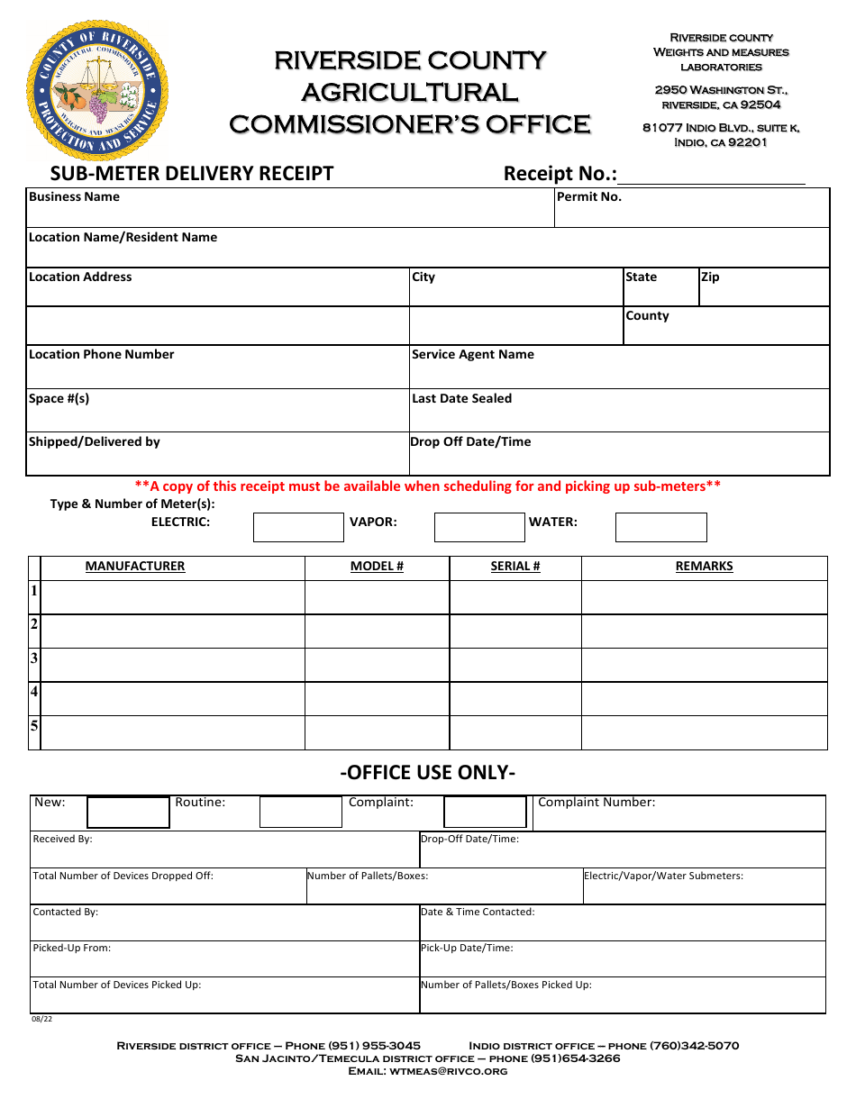 County of Riverside, California Sub-meter Delivery Receipt - Fill Out ...