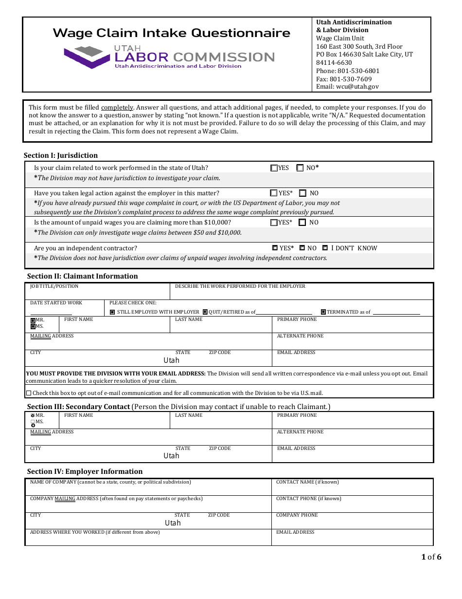 Utah Wage Claim Intake Questionnaire - Fill Out, Sign Online and ...