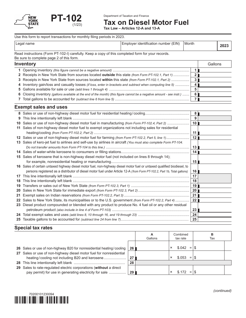Form PT-102 Download Printable PDF or Fill Online Tax on Diesel Motor ...