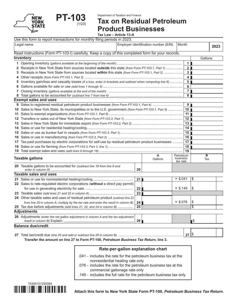 Form PT-103 Download Printable PDF or Fill Online Tax on Residual ...
