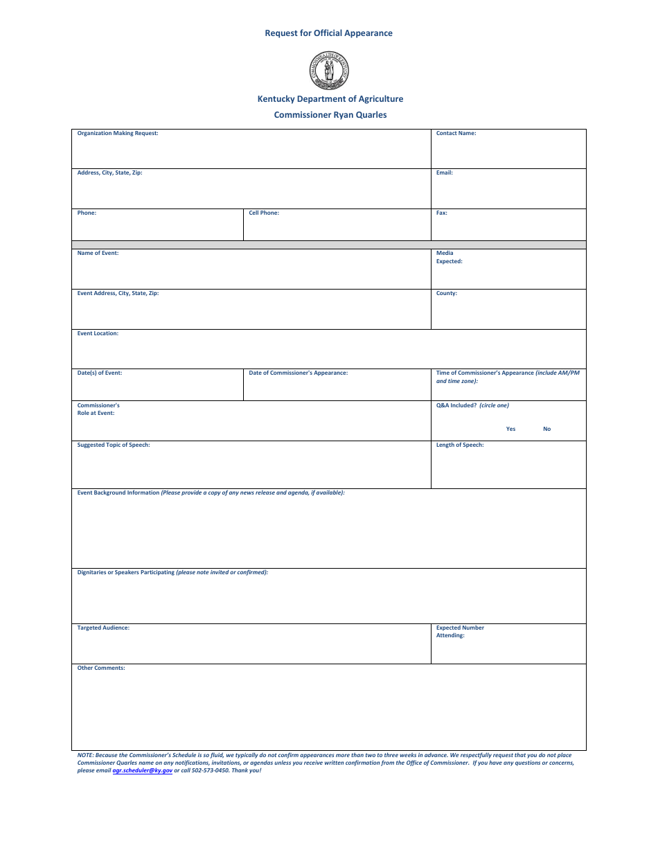 Kentucky Request for Official Appearance - Fill Out, Sign Online and ...