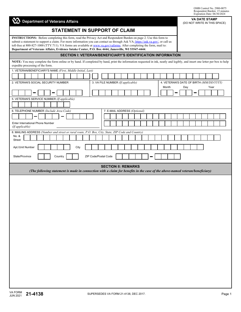 VA Form 21 4138 Download Fillable PDF Or Fill Online Statement In