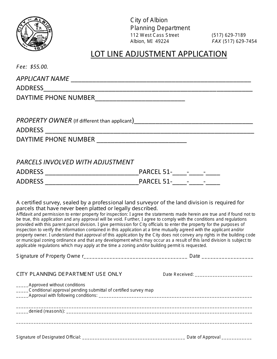 City of Albion, Michigan Lot Line Adjustment Application - Fill Out ...