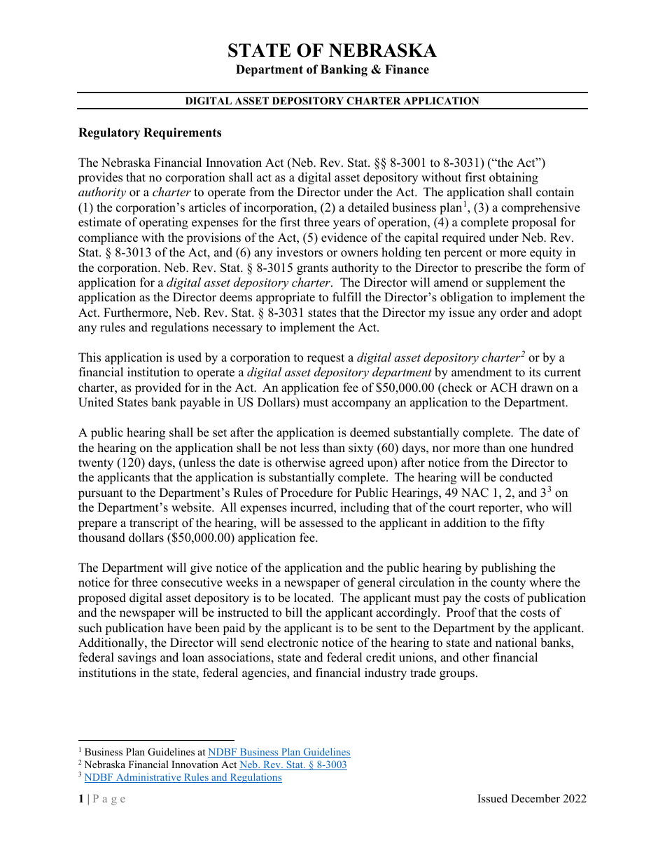 Nebraska Digital Asset Depository Charter Application - Fill Out, Sign Online and Download PDF ...