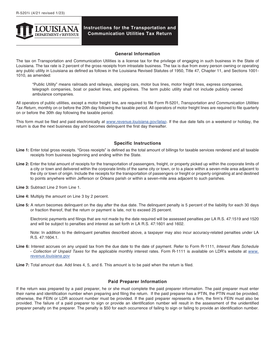 Download Instructions for Form R-5201 Transportation and Communication ...