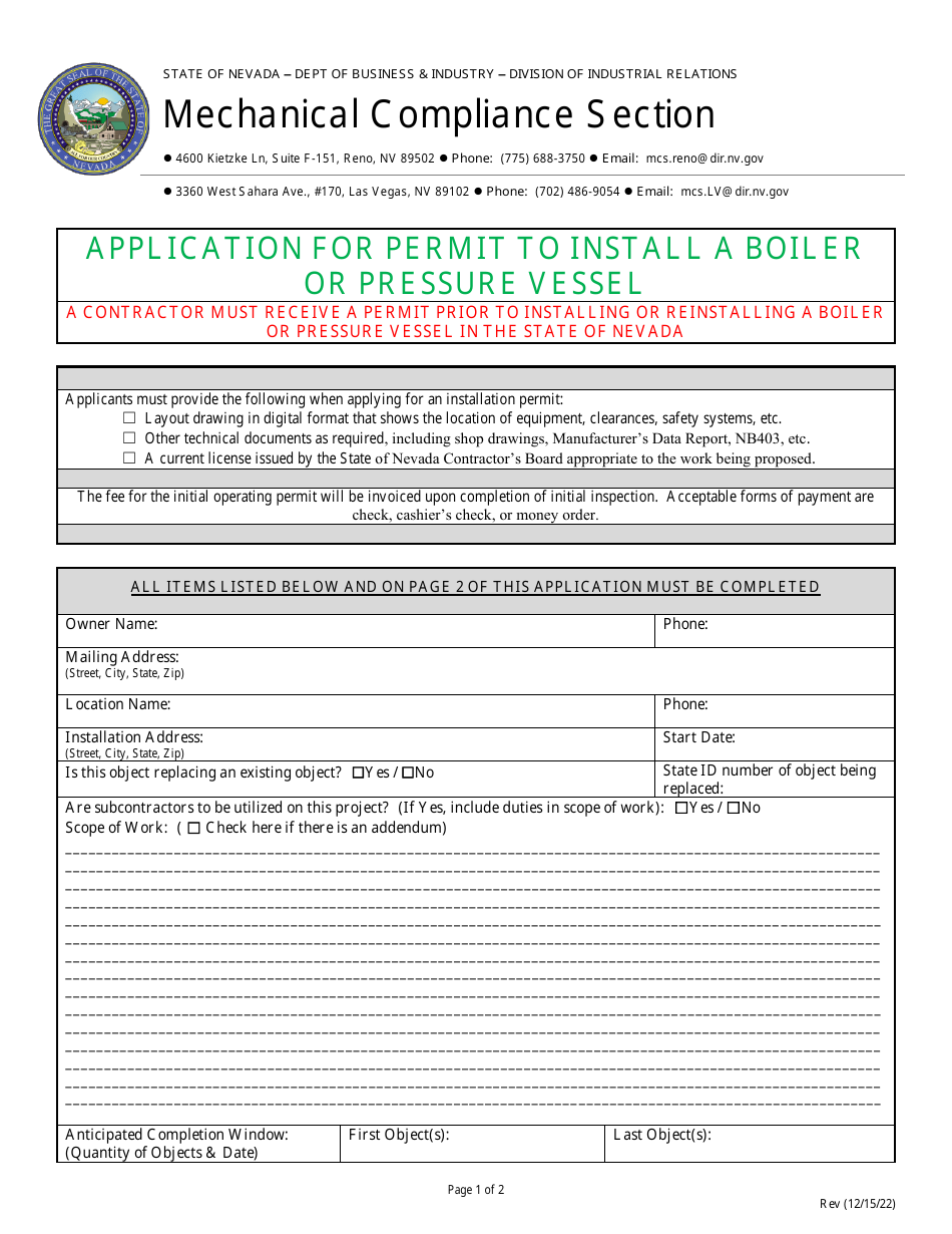 Nevada Application for Permit to Install a Boiler or Pressure Vessel ... Nevada Application for Permit to Install a Boiler or Pressure Vessel ...