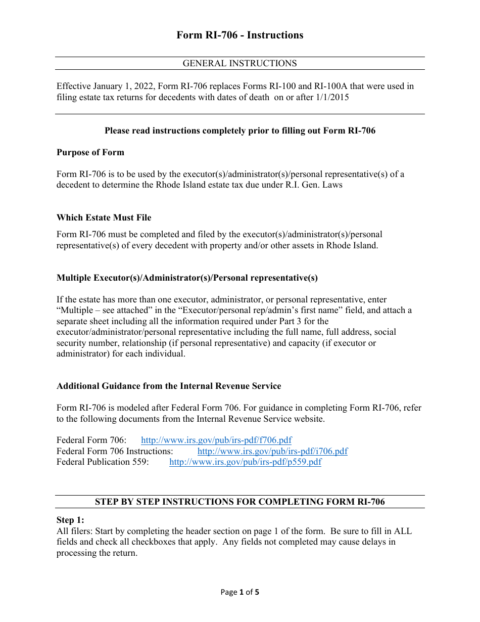 Download Instructions for Form RI-706 Estate Tax Return - Date of Death ...