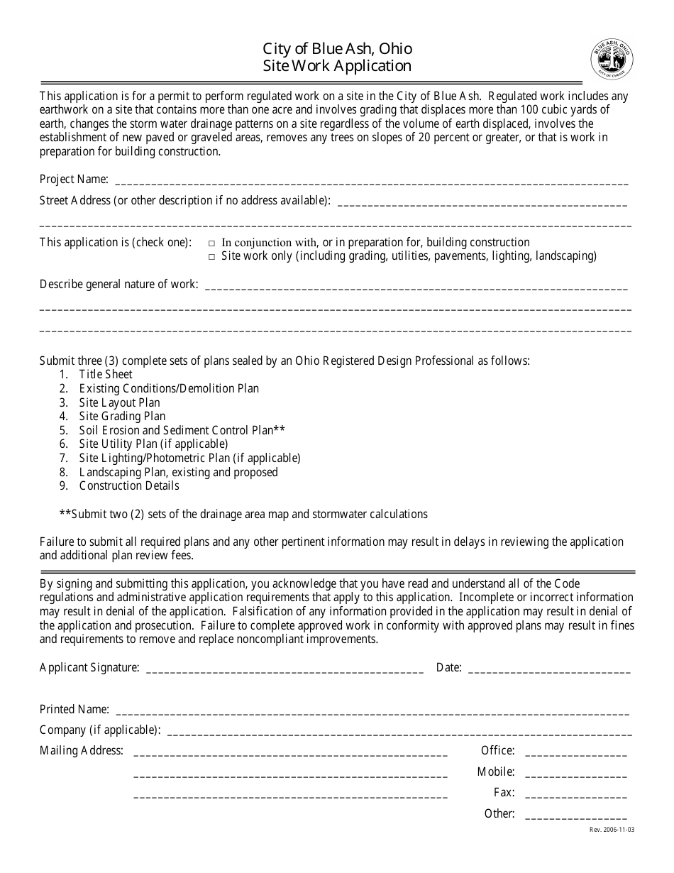 City of Blue Ash, Ohio Site Work Application - Fill Out, Sign Online ...