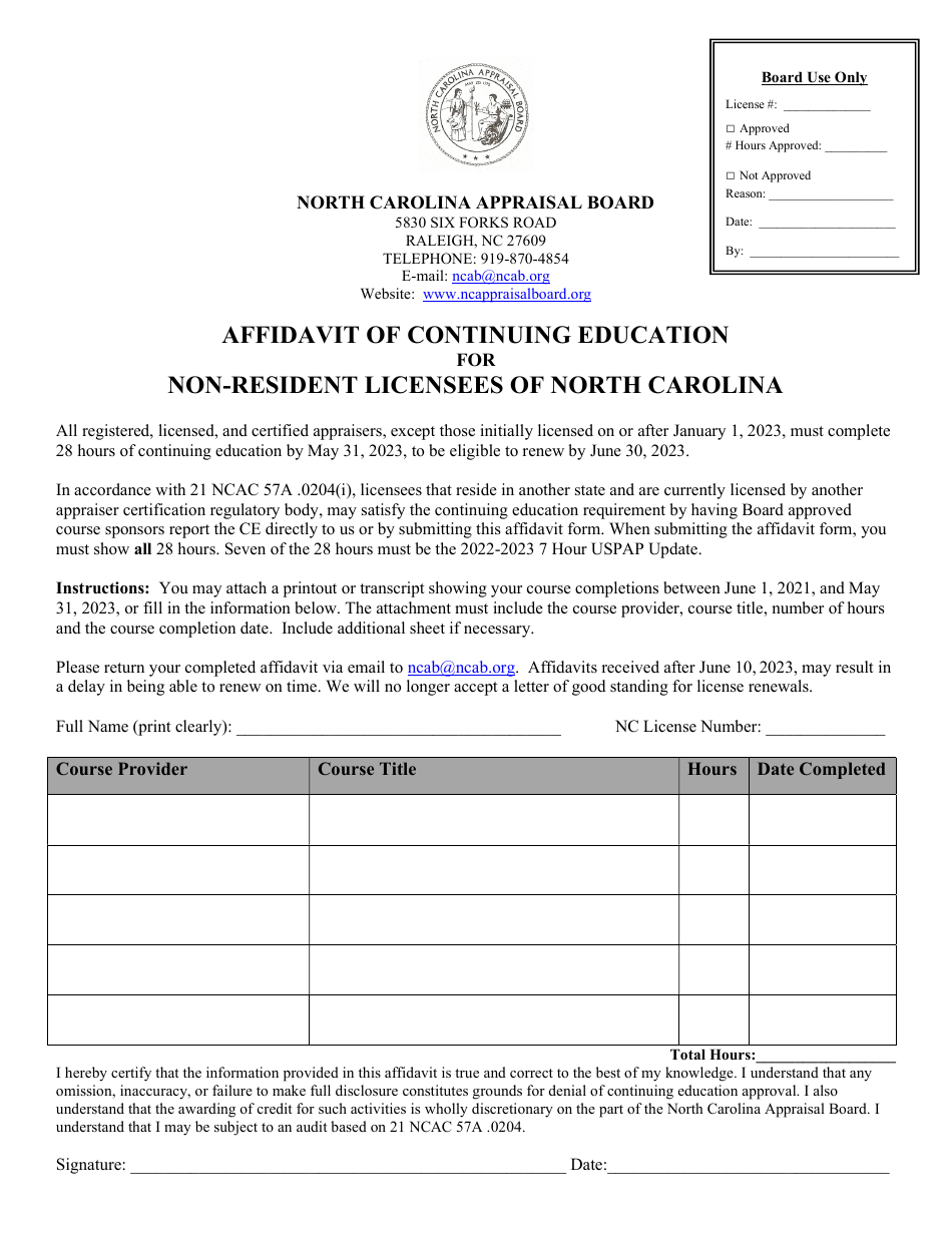 2023 North Carolina Affidavit of Continuing Education for Non-resident ...