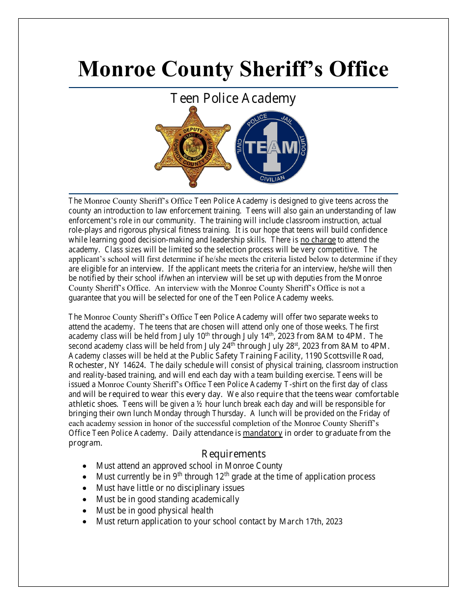 2023 Monroe County, New York Teen Police Academy Application - Fill Out ...