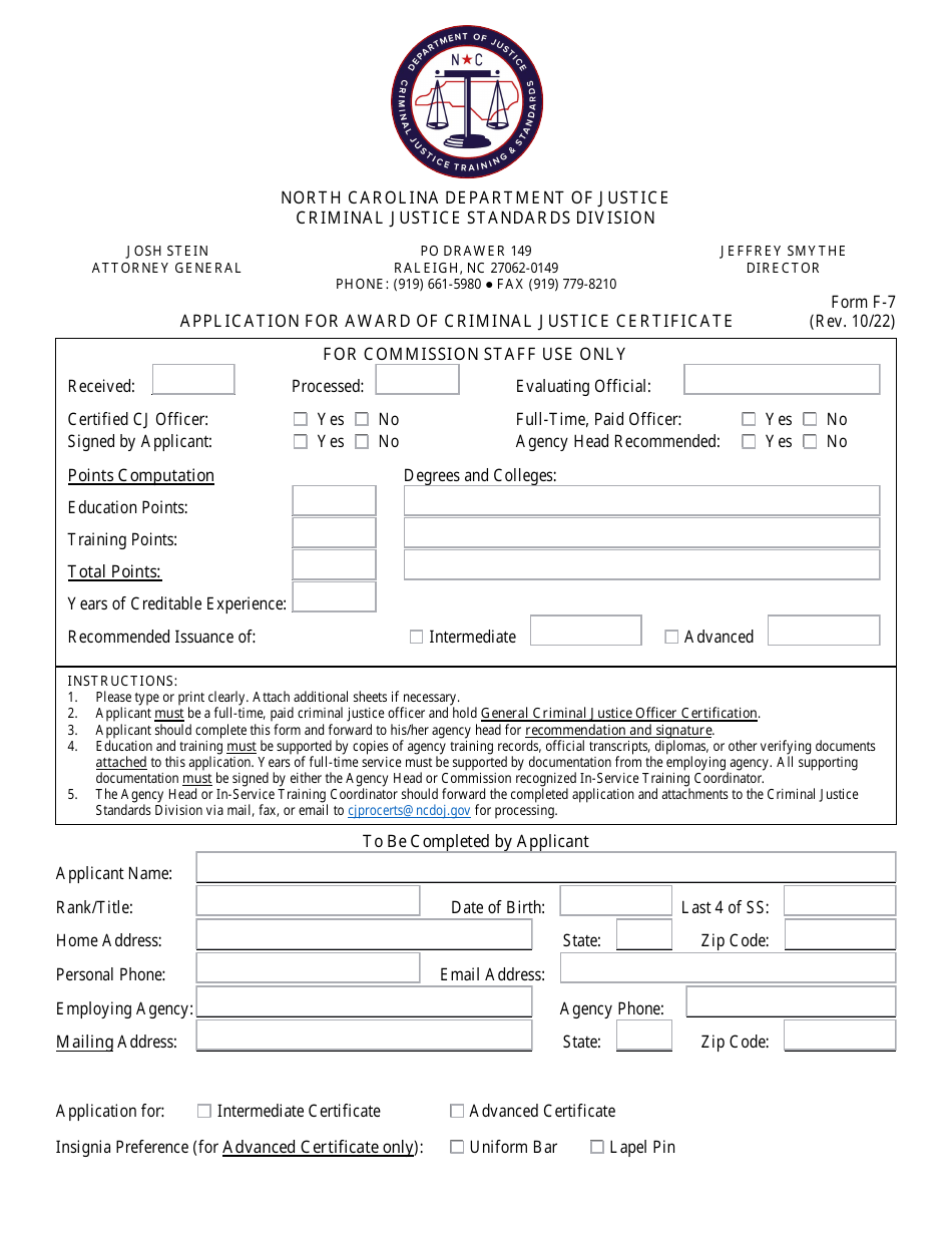 Form F-7 Download Fillable PDF or Fill Online Application for Award of ...
