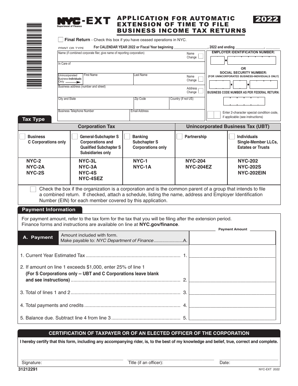 Form NYC-EXT Download Printable PDF or Fill Online Application for ...
