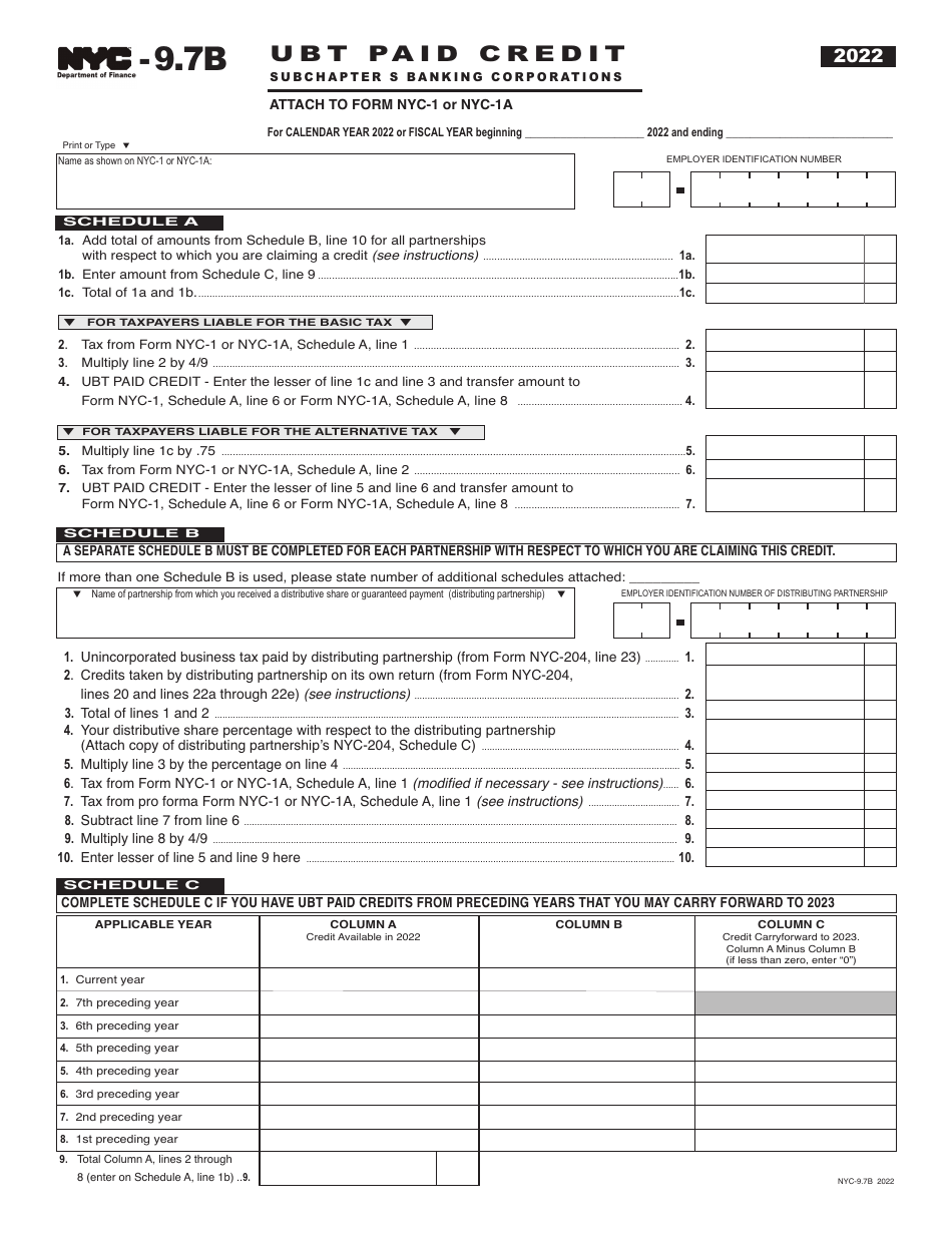 Form NYC-9.7B Download Printable PDF or Fill Online Ubt Paid Credit ...