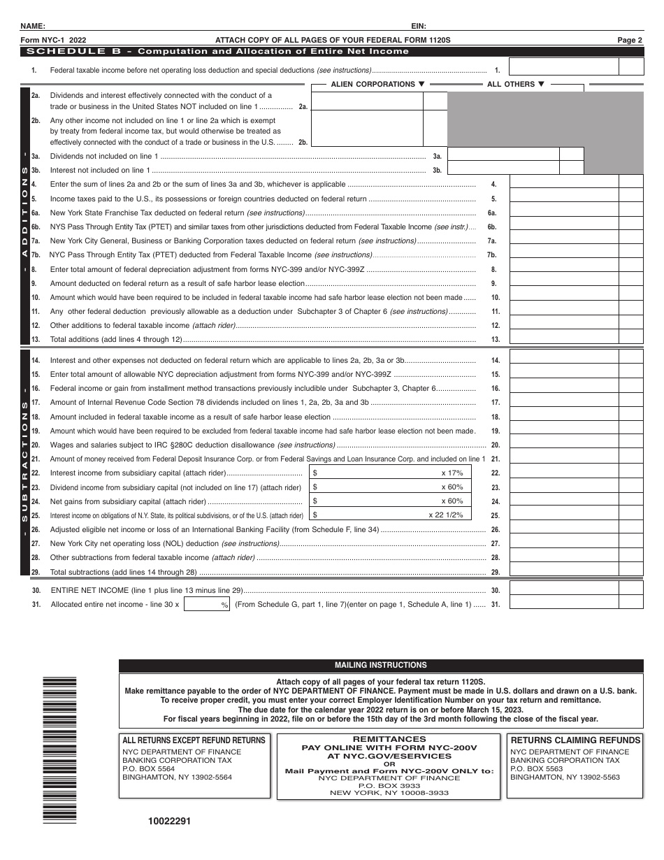 Form NYC-1 Download Printable PDF or Fill Online Tax Return for Banking ...