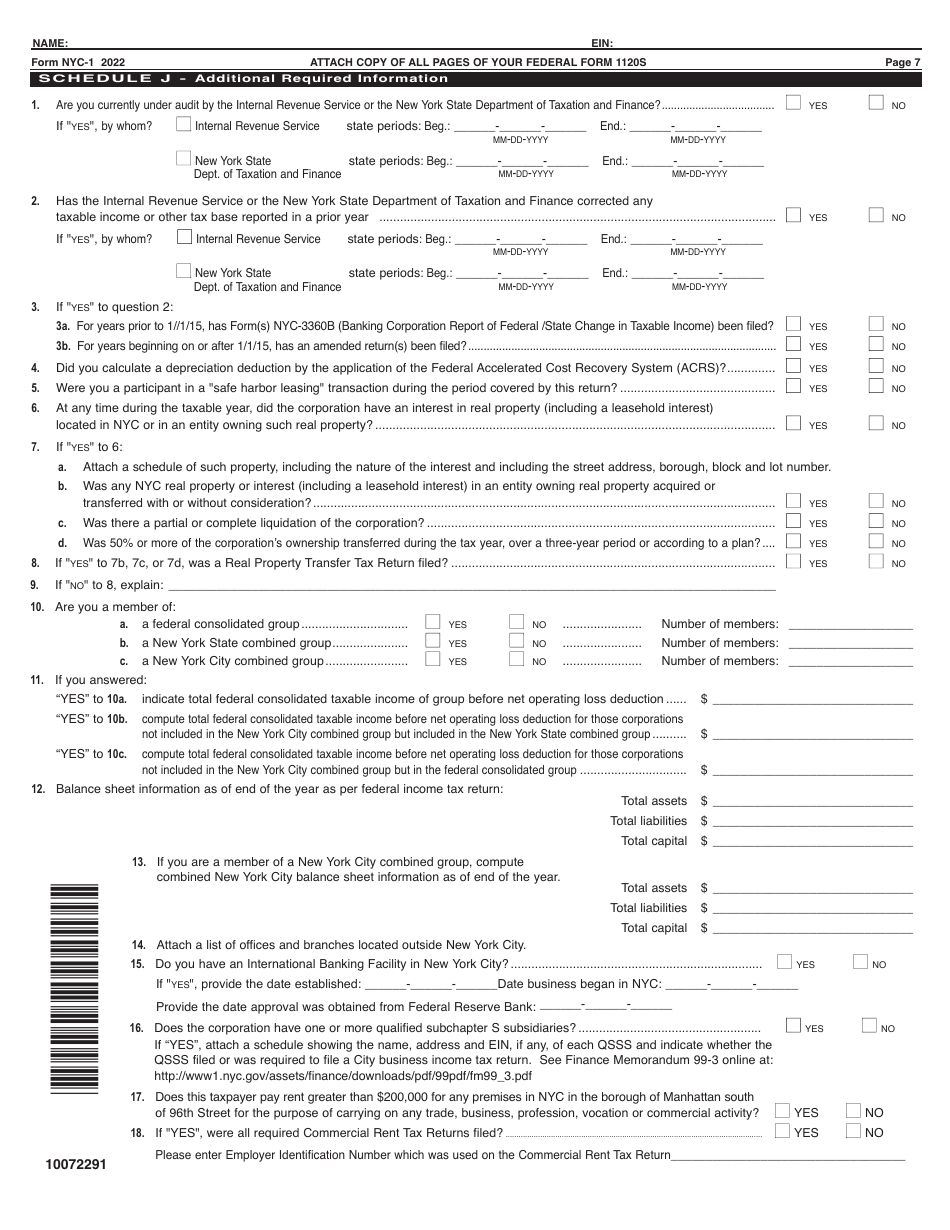 Form NYC-1 Download Printable PDF or Fill Online Tax Return for Banking ...