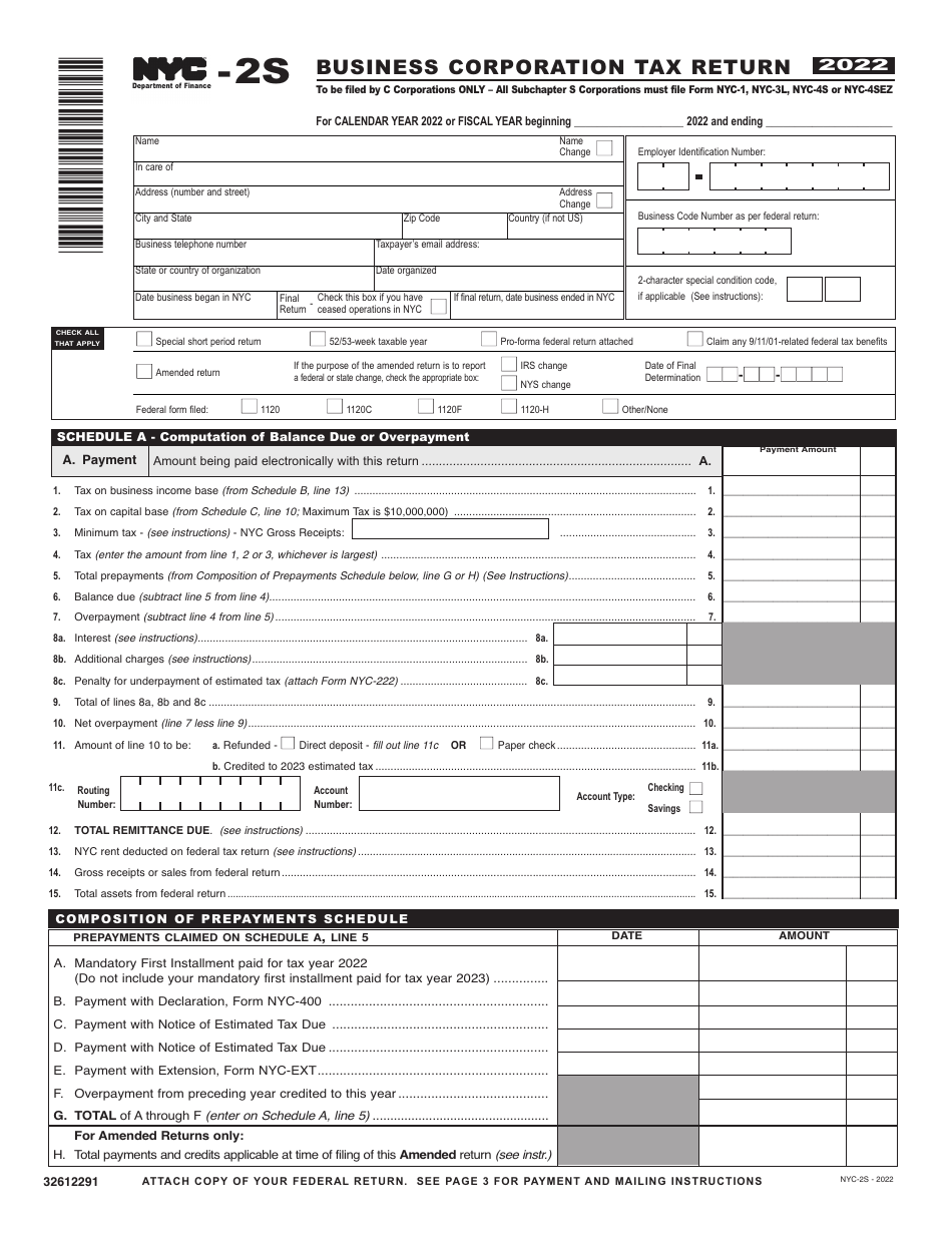 Form NYC-2S Download Printable PDF or Fill Online Business Corporation Tax Return - 2022, New ...