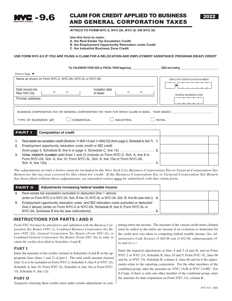Form NYC-9.6 Download Printable PDF or Fill Online Claim for Credit ...