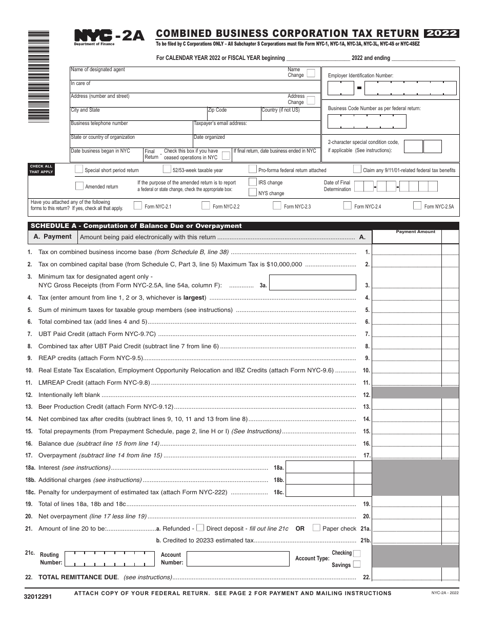 Form NYC-2A Download Printable PDF or Fill Online Combined Business ...