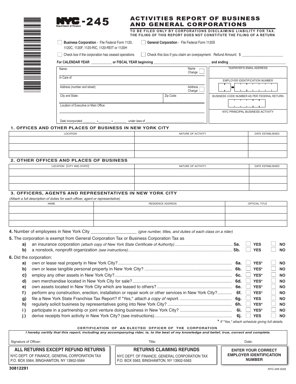 Form NYC-245 Download Printable PDF or Fill Online Activities Report of ...