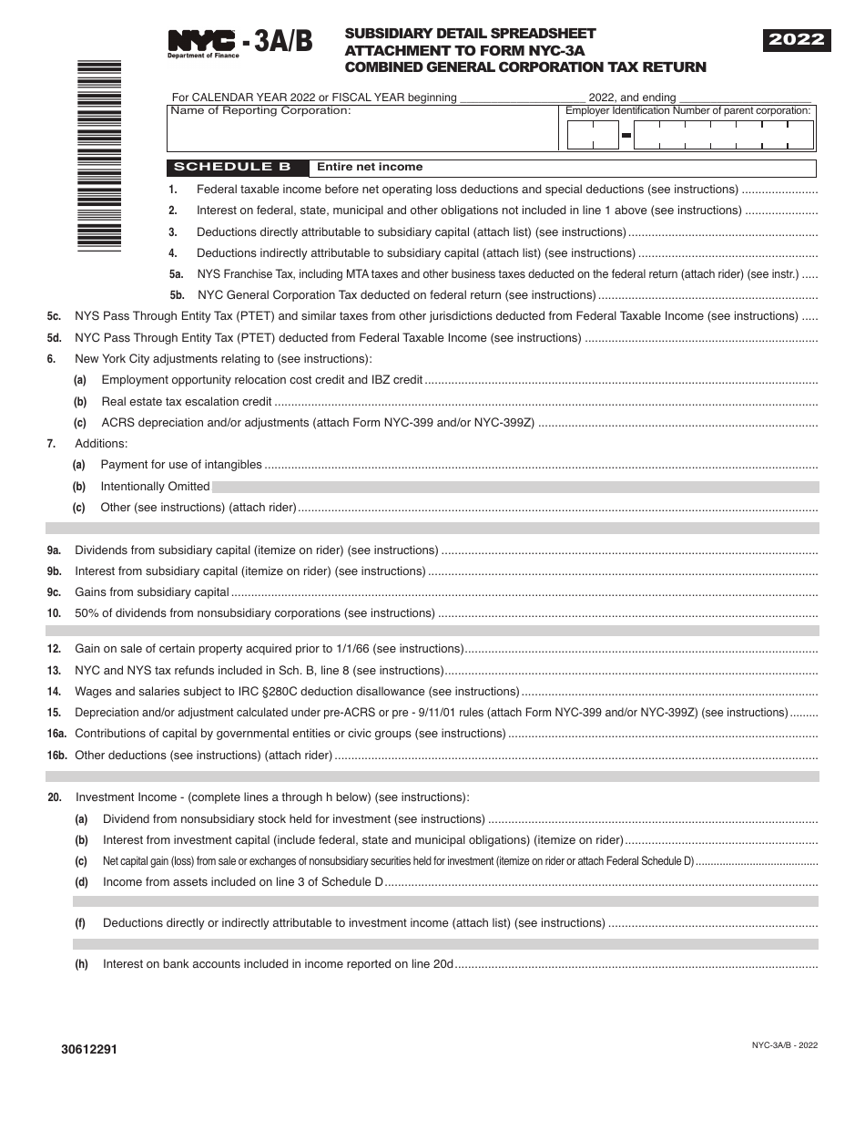 Form NYC-3A/B Download Printable PDF or Fill Online Subsidiary Detail Spreadsheet Attachment to ...