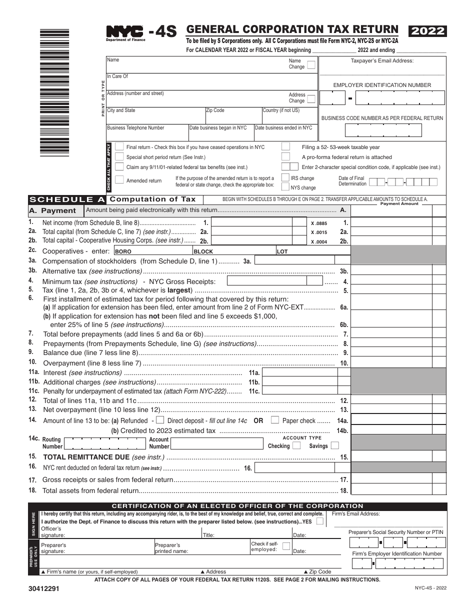Form NYC-4S Download Printable PDF or Fill Online General Corporation ...