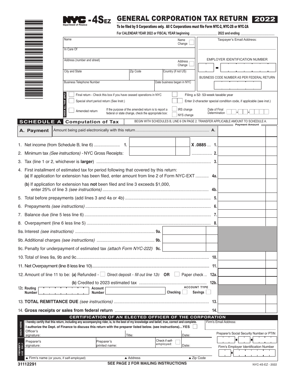 Form NYC-4S-EZ - 2022 - Fill Out, Sign Online and Download Printable ...