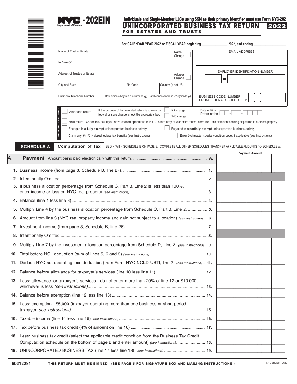Form NYC-202EIN Download Printable PDF or Fill Online Unincorporated ...