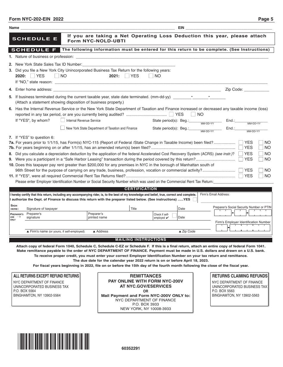 Form NYC-202EIN Download Printable PDF or Fill Online Unincorporated ...