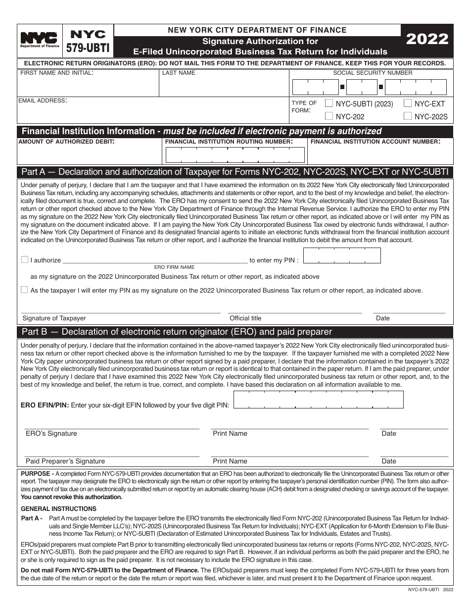 Form NYC-579-UBTI Download Printable PDF or Fill Online Signature ...