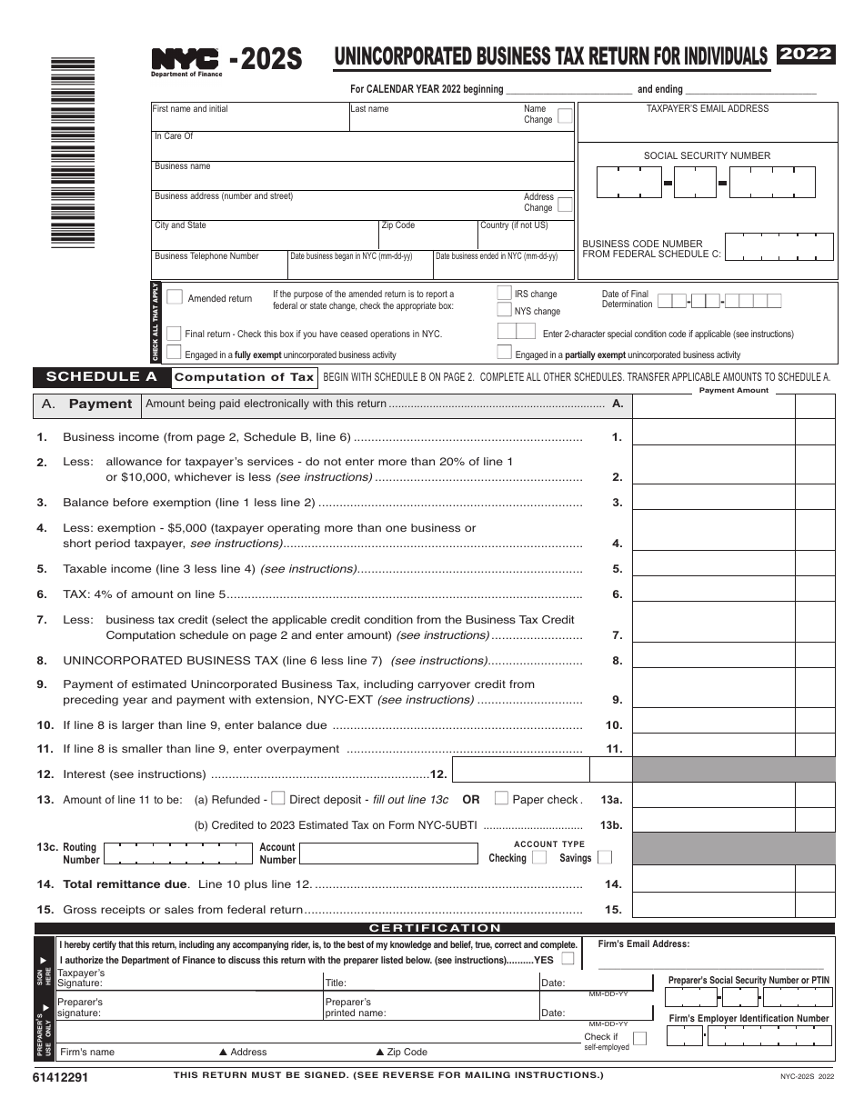 Form NYC-202S Download Printable PDF or Fill Online Unincorporated ...
