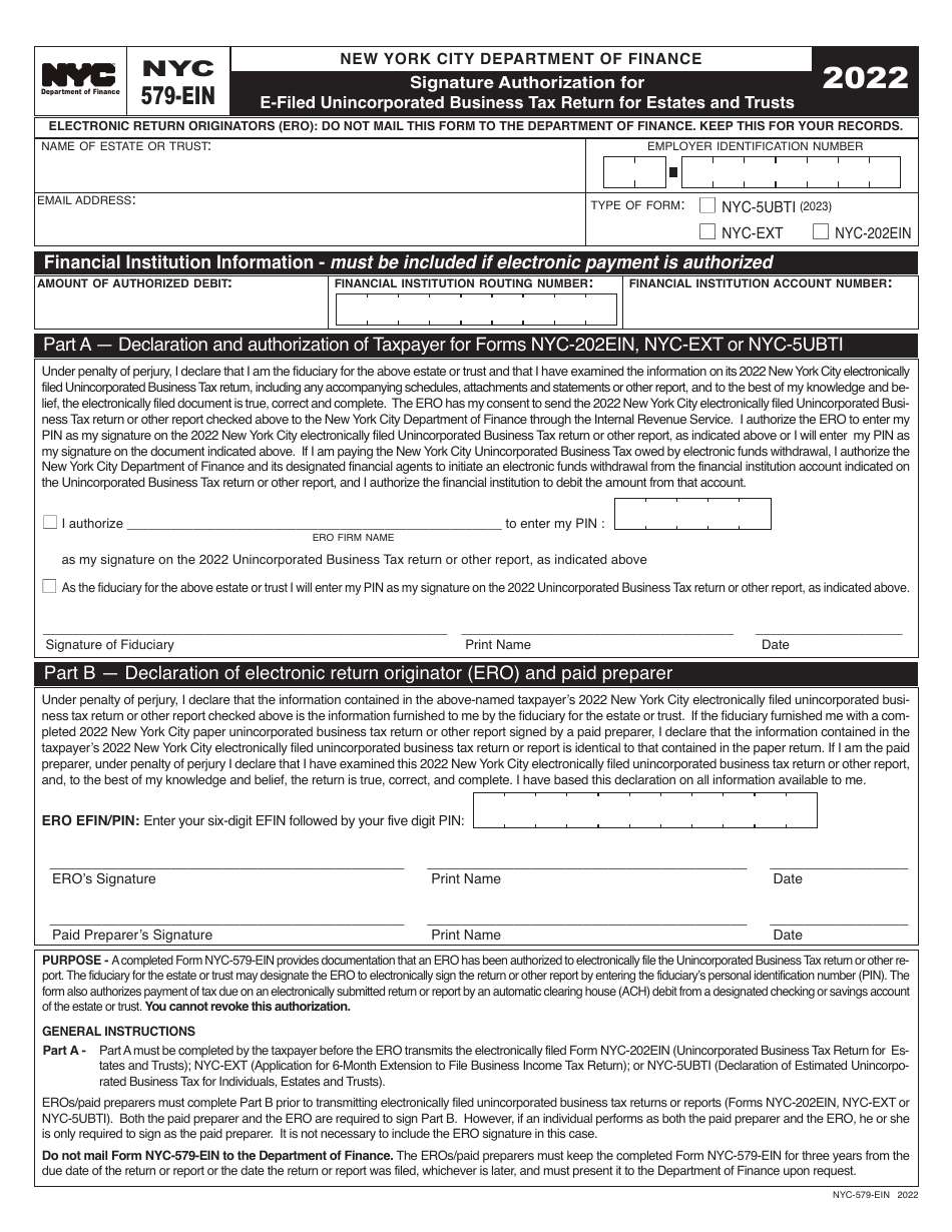 Form NYC-579-EIN Download Printable PDF or Fill Online Signature ...