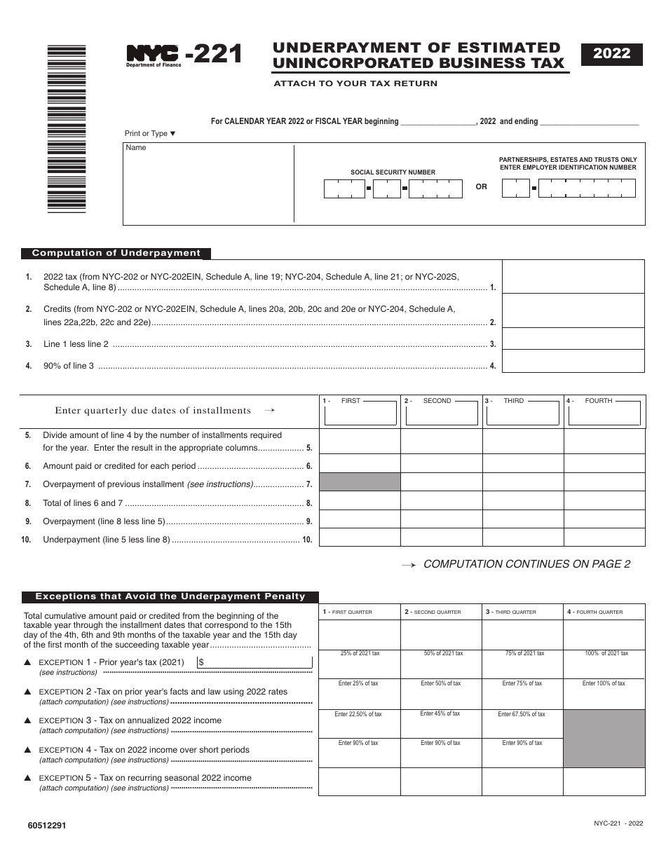 Form NYC-221 Download Printable PDF or Fill Online Underpayment of ...
