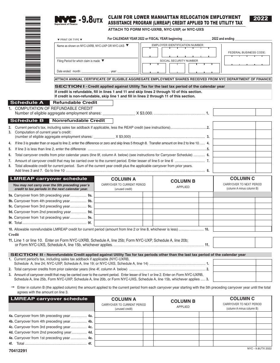 Form NYC-9.8UTX Download Printable PDF or Fill Online Claim for Lower ...