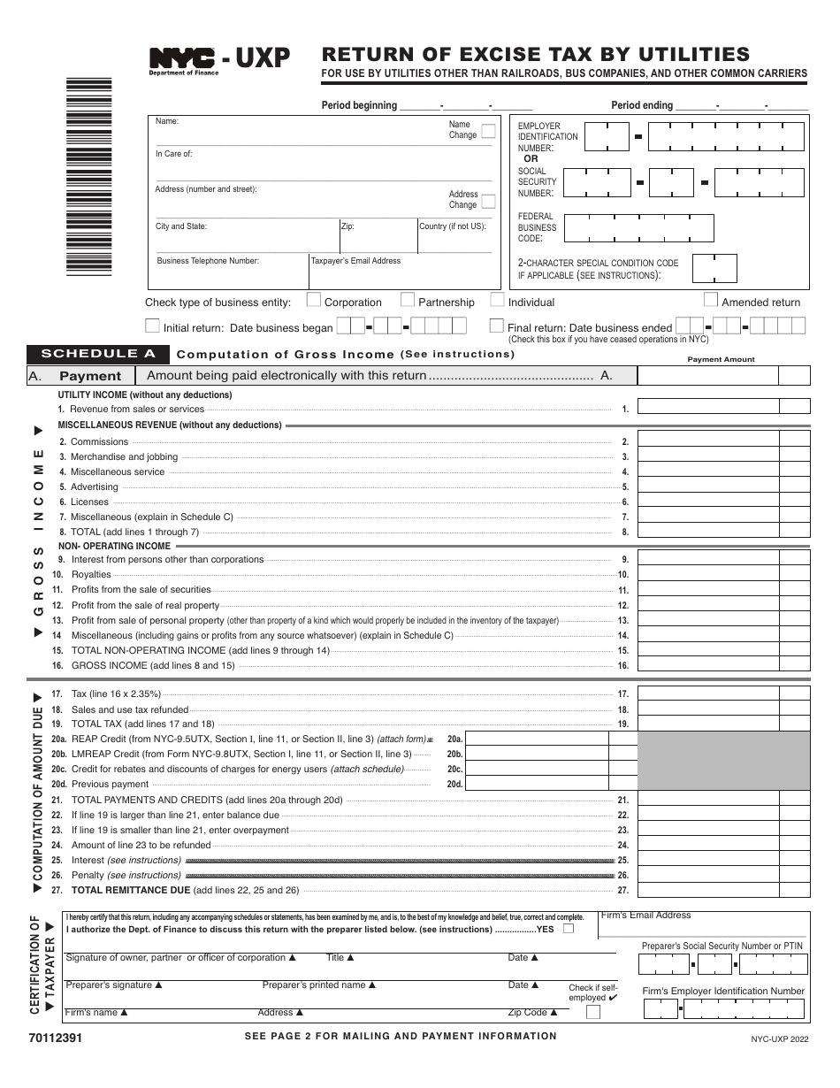 Form NYC-UXP Download Printable PDF or Fill Online Return of Excise Tax ...