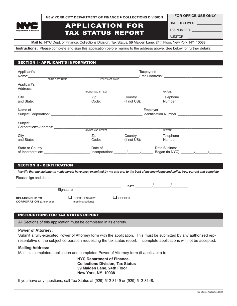 2022 New York City Application for Tax Status Report Download Printable ...