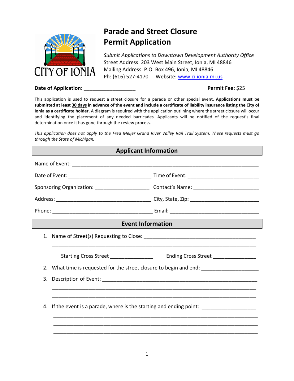 City of Ionia, Michigan Parade and Street Closure Permit Application ...
