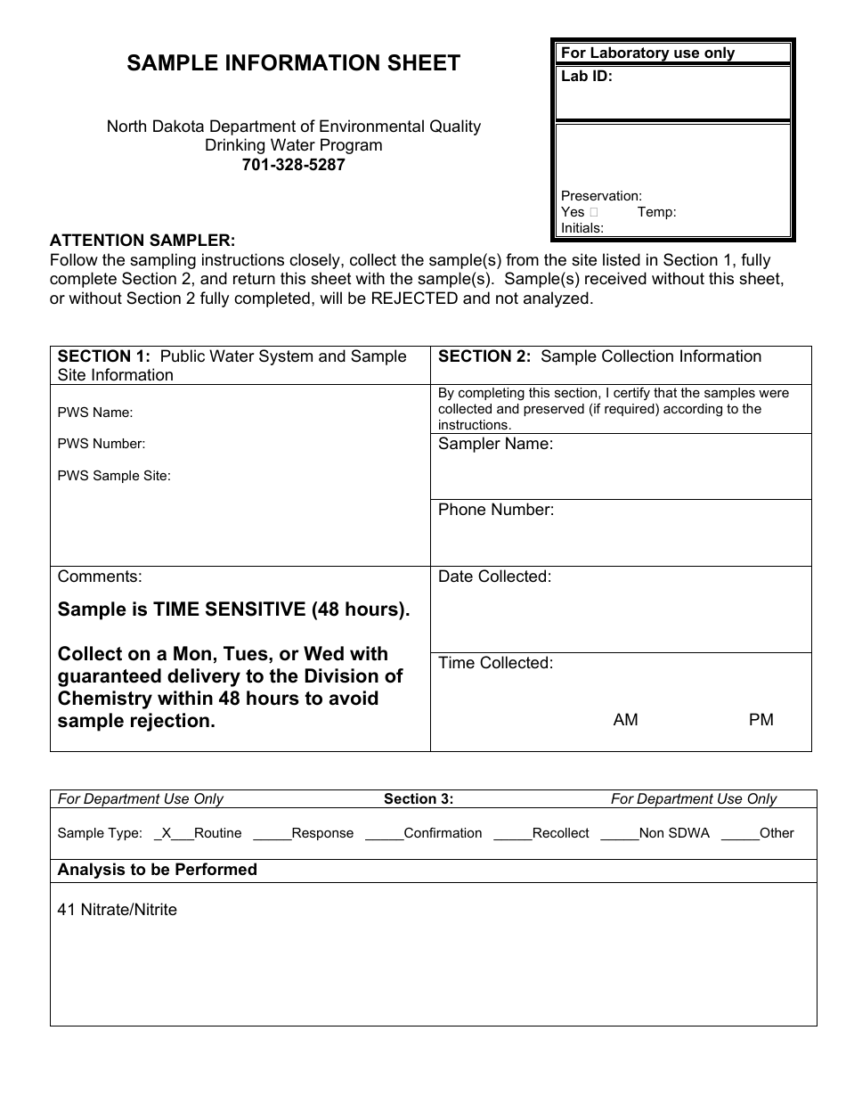 North Dakota Nitrate and Nitrite Sample Information Sheet - Fill Out ...