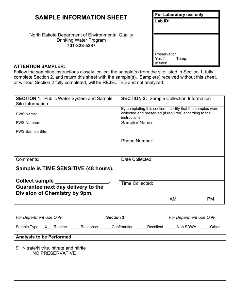 North Dakota Individual Nitrate/Nitrite Sample Information Sheet ...