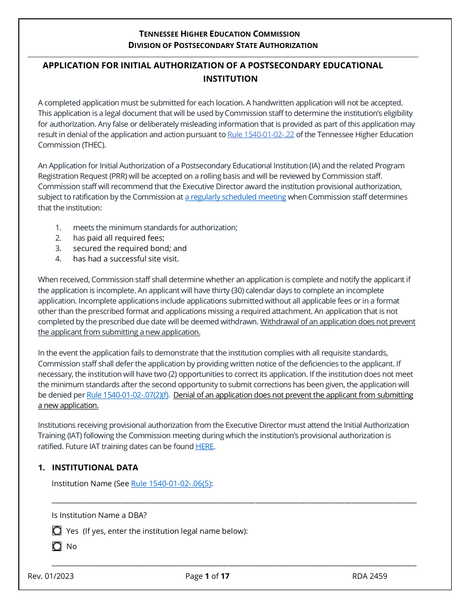 Tennessee Application for Initial Authorization of a Postsecondary ...