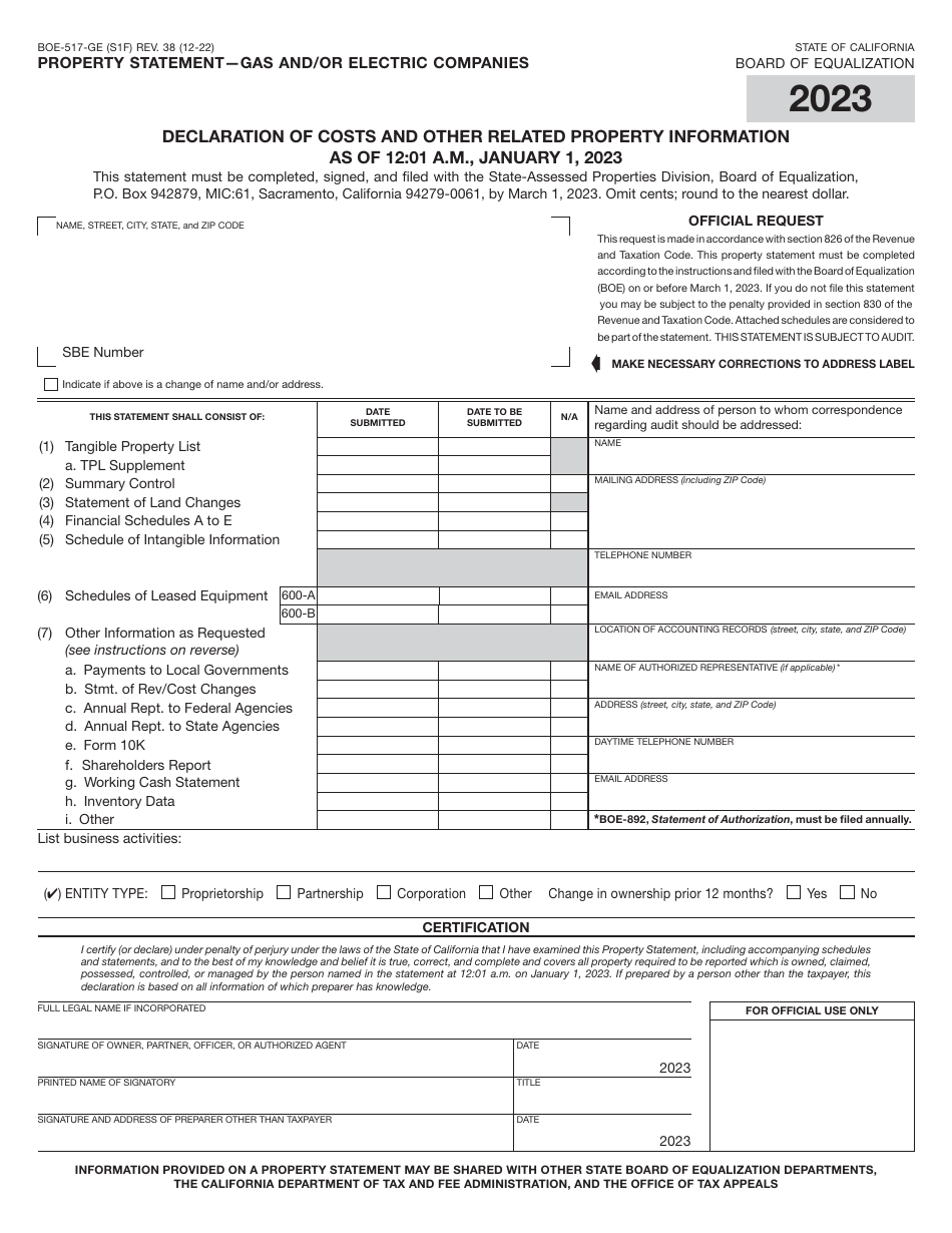 Form BOE-517-GE - 2023 - Fill Out, Sign Online and Download Fillable ...