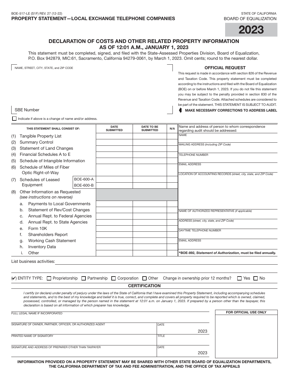 Form BOE-517-LE - 2023 - Fill Out, Sign Online and Download Fillable ...