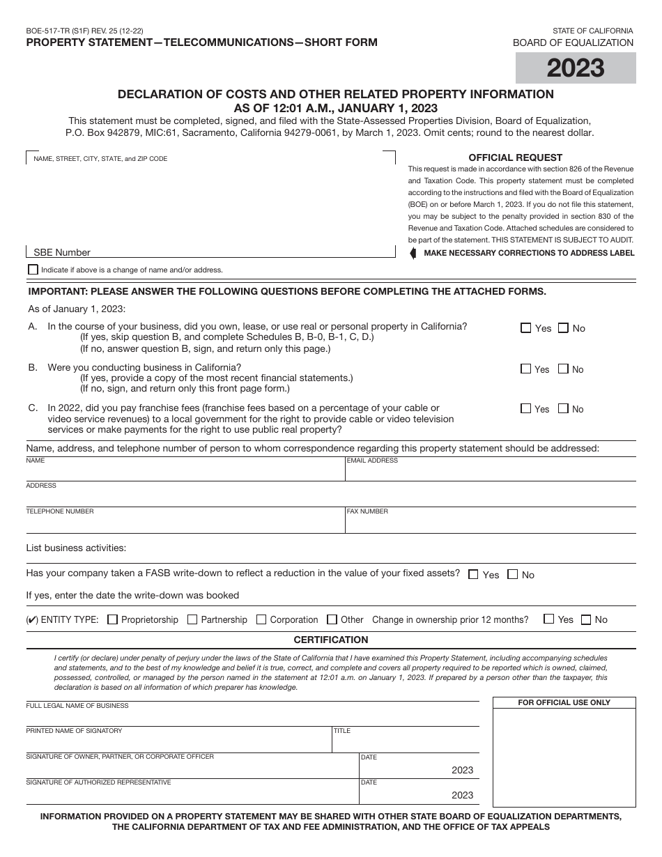 Form BOE-517-TR - 2023 - Fill Out, Sign Online and Download Fillable ...