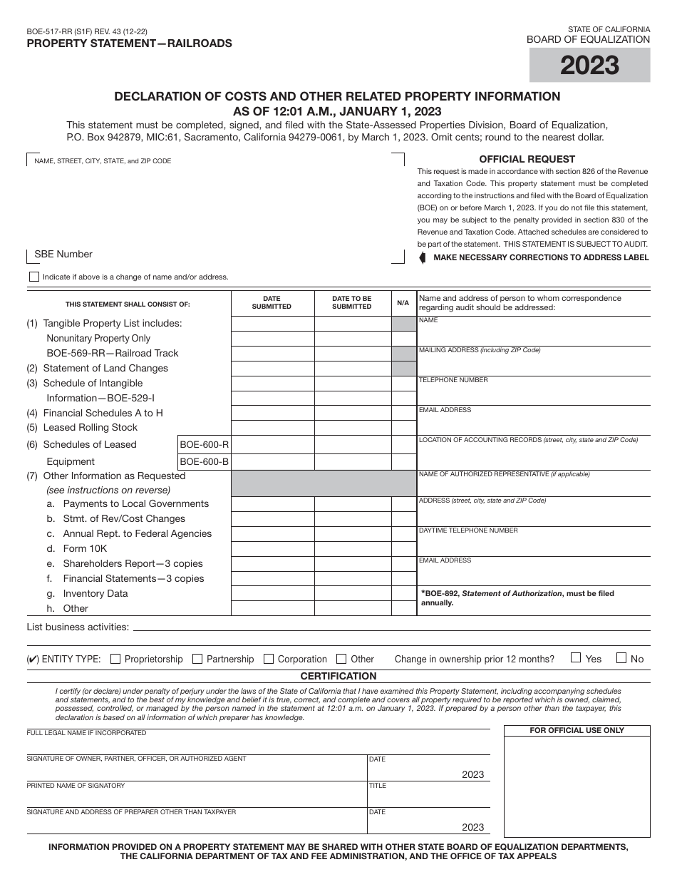 Form BOE-517-RR Download Fillable PDF or Fill Online Property Statement ...