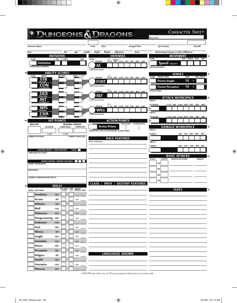 Dnd Character Sheet - 4th Edition Download Printable PDF | Templateroller