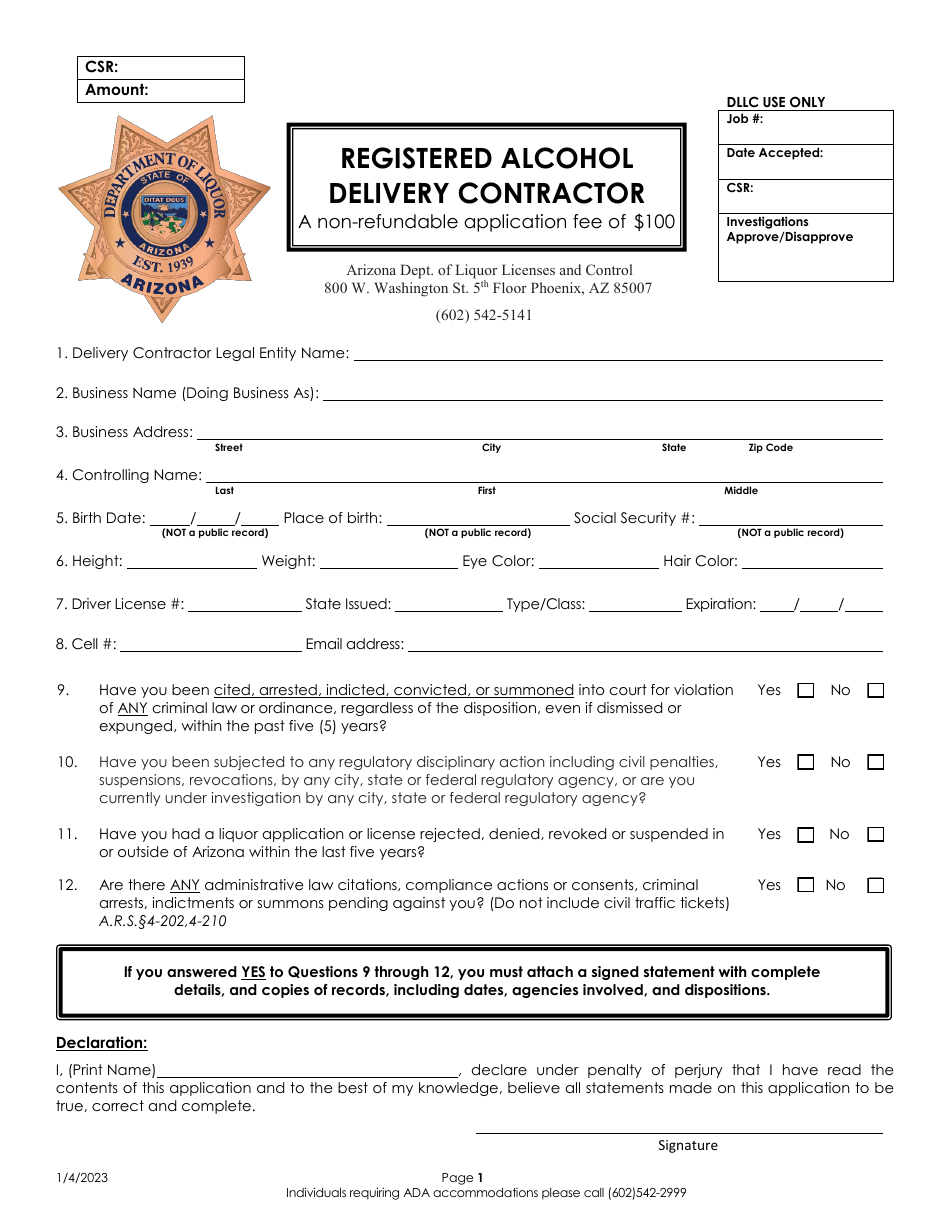 Arizona Registered Alcohol Delivery Contractor - Fill Out, Sign Online ...