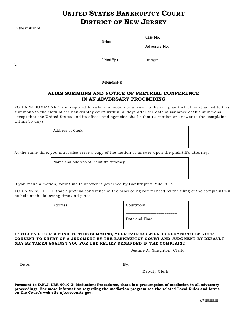 New Jersey Alias Summons and Notice of Pretrial Conference in an ...