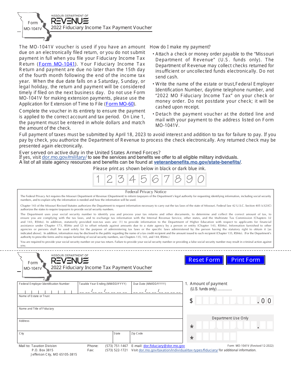 Form MO-1041V Download Fillable PDF or Fill Online Fiduciary Income Tax ...
