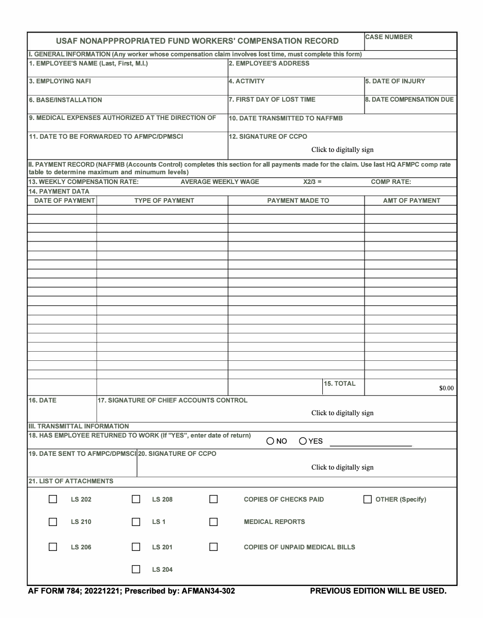 AF Form 784 Download Fillable PDF or Fill Online USAF Nonappropriated ...