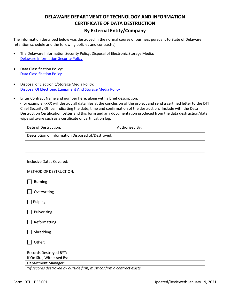Form DTI-DES001 - Fill Out, Sign Online and Download Printable PDF, Delaware | Templateroller