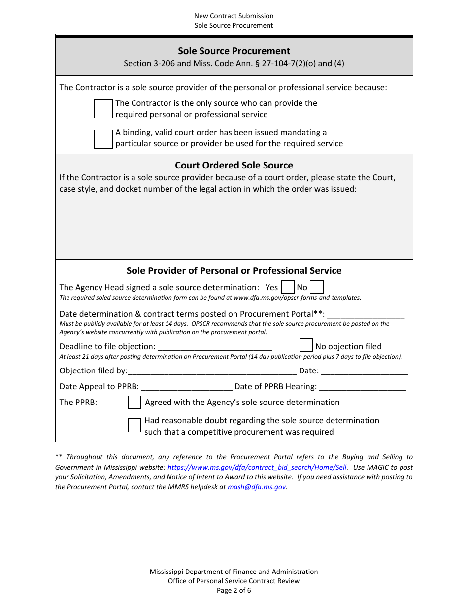 Mississippi New Contract Submission Sole Source Procurement Fill